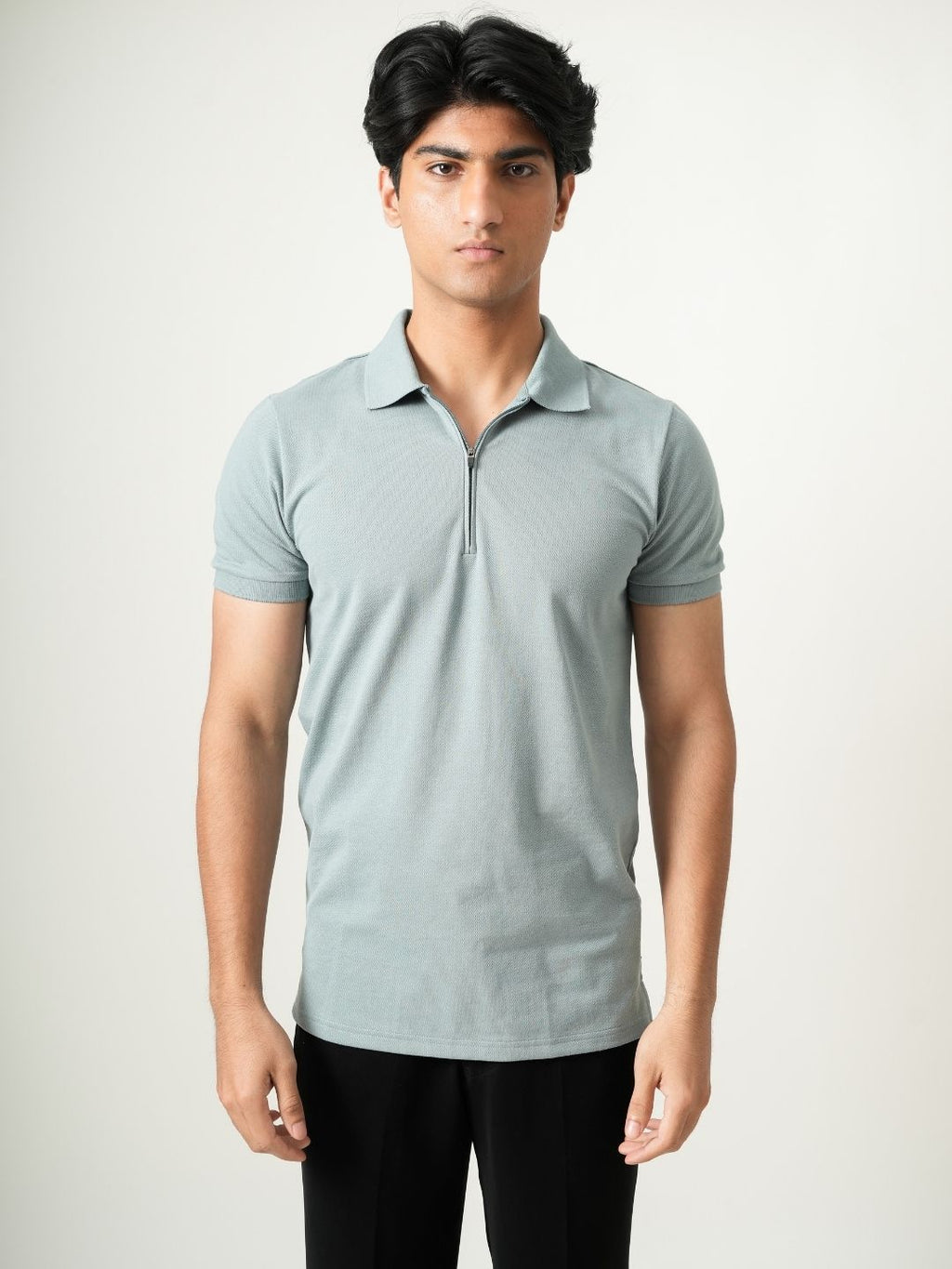 V-Taper Fit (V-fit) - Zip Polo Short Sleeve - Sage Blue – Lean Lines